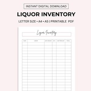 Liquor Inventory Printable, Bar Inventory, Cocktail Beverage Supply ...