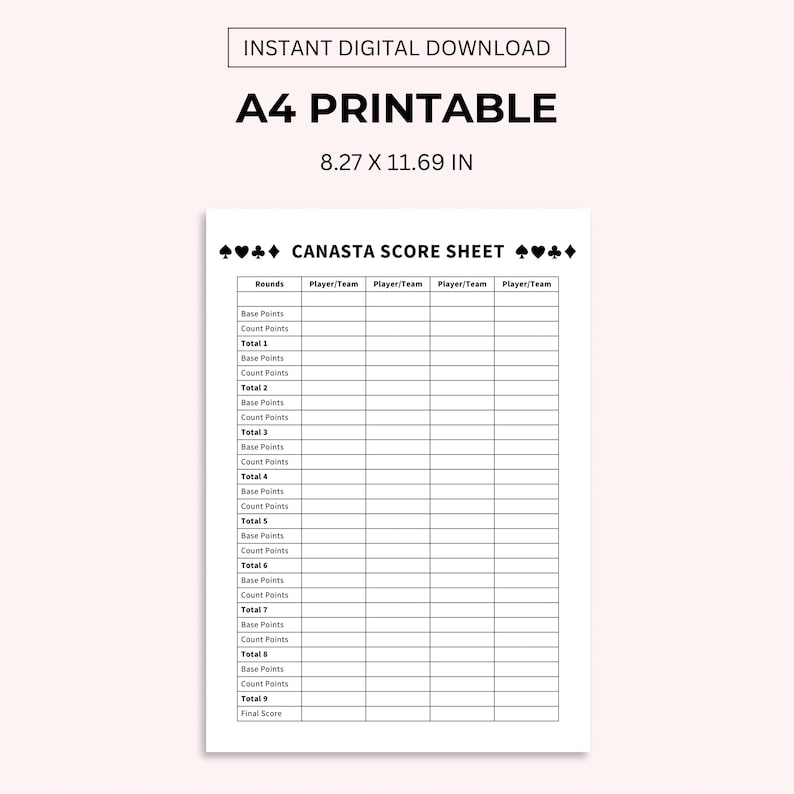 Canasta Score Sheet: Printable Scorecard (letter/a4/a5 PDF) - Etsy