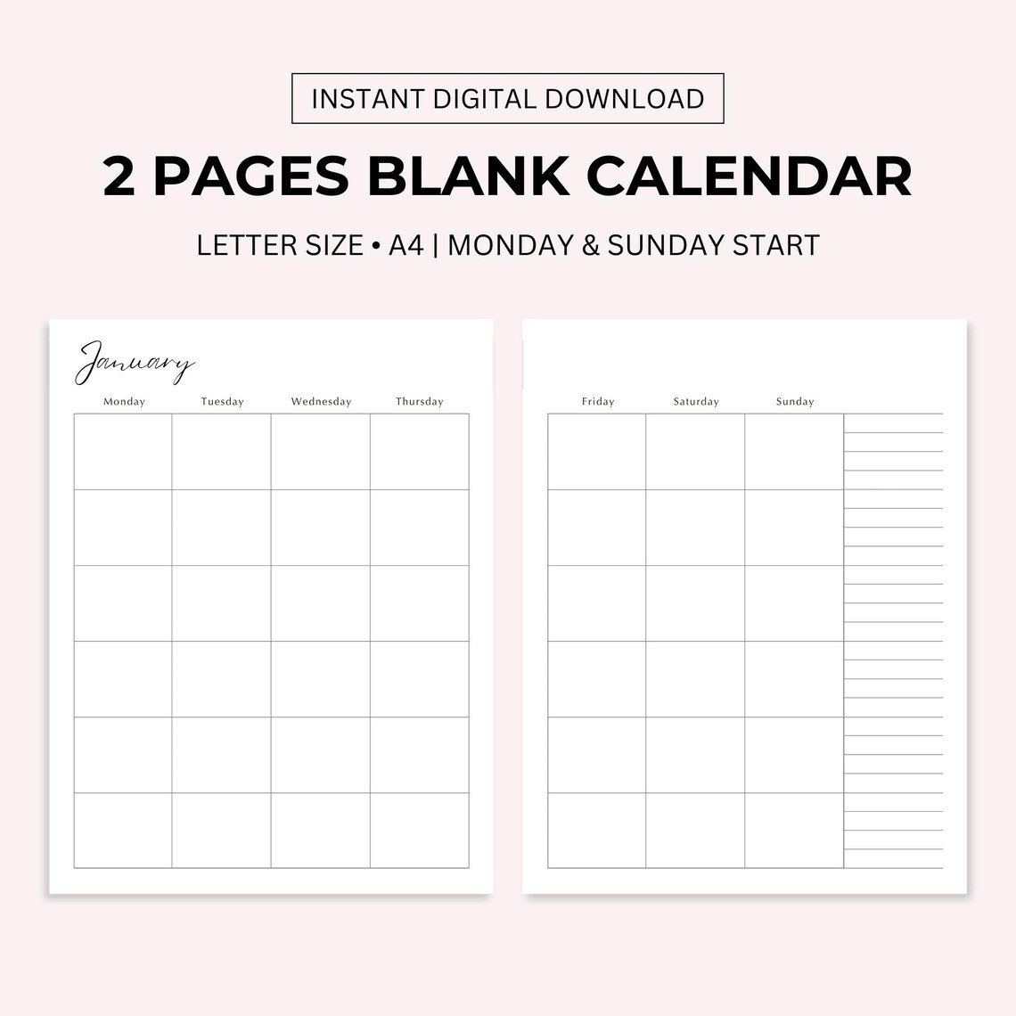 2 Pages Blank Calendar, 12 Months Calendar, Monthly Planner, Sunday ...