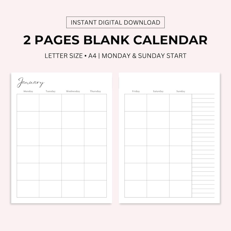 2 Pages Blank Calendar, 12 Months Calendar, Monthly Planner, Sunday ...