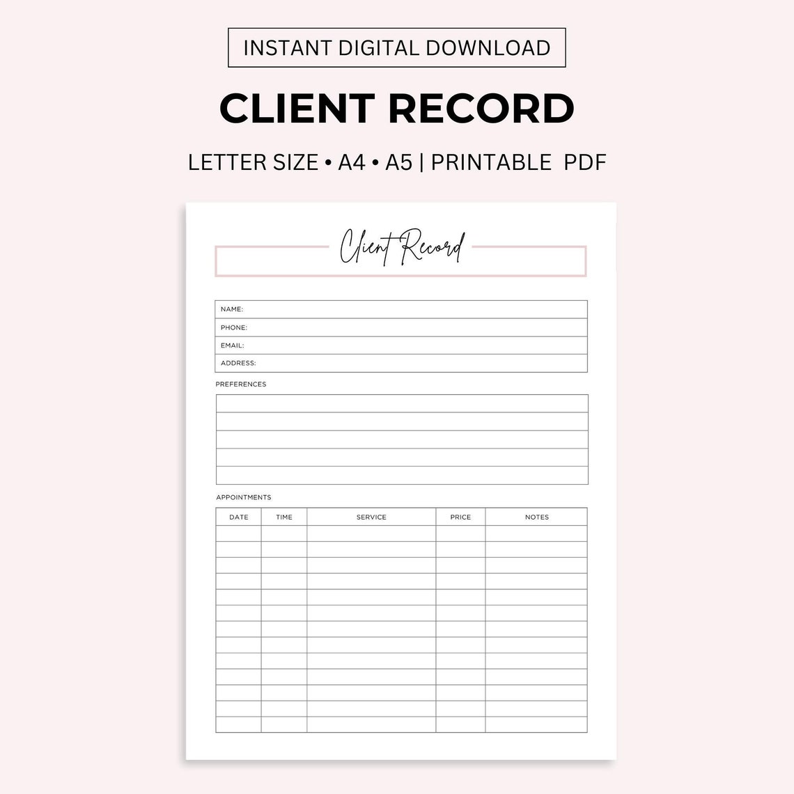 Client Record Printable, Client Book, Client Preferences, Appointment ...