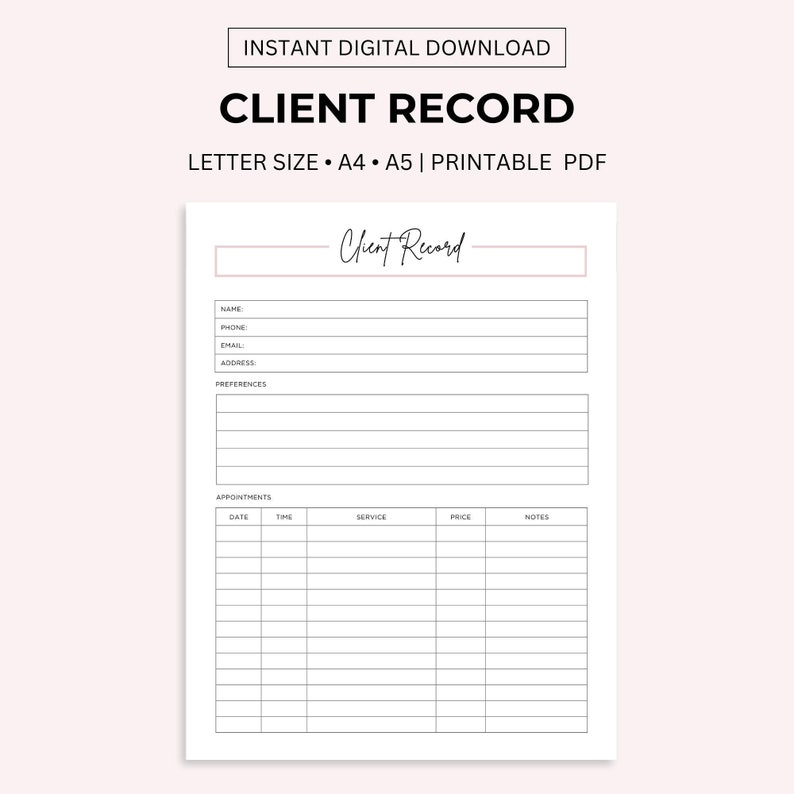 Client Record Printable, Client Book, Client Preferences, Appointment ...