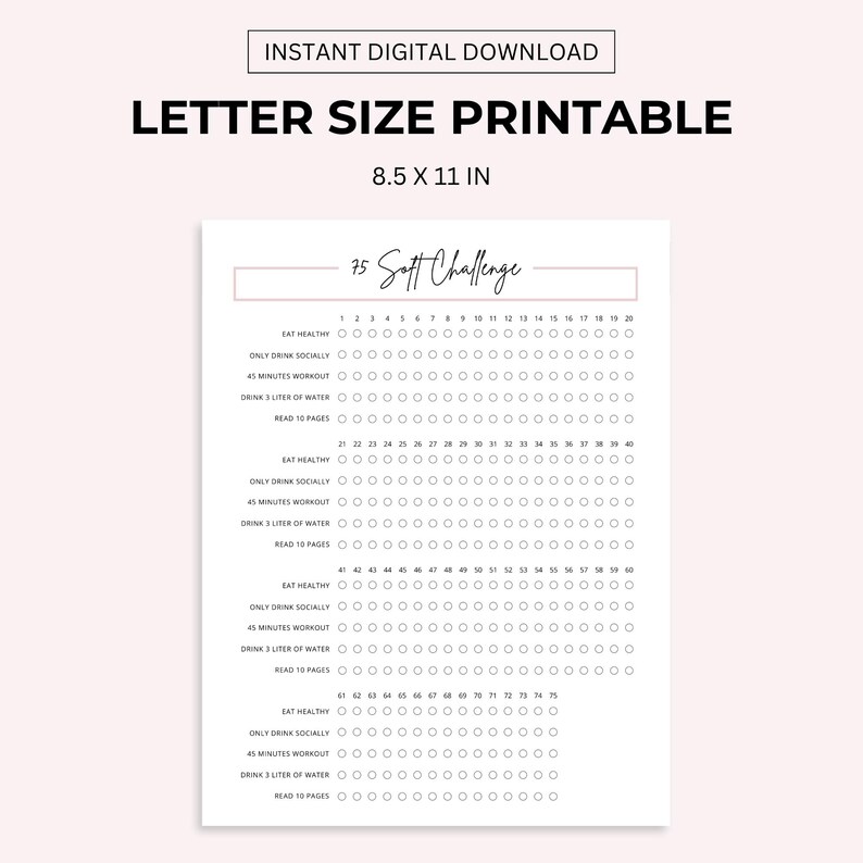 75 Day Challenge Tracker Printable, Daily 75 Soft Challenge Journal, 75 ...