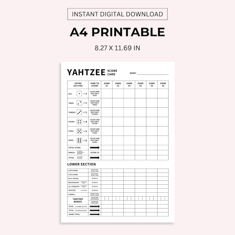 Yahtzee Score Card Printable (letter/a4/a5 PDF) - Etsy