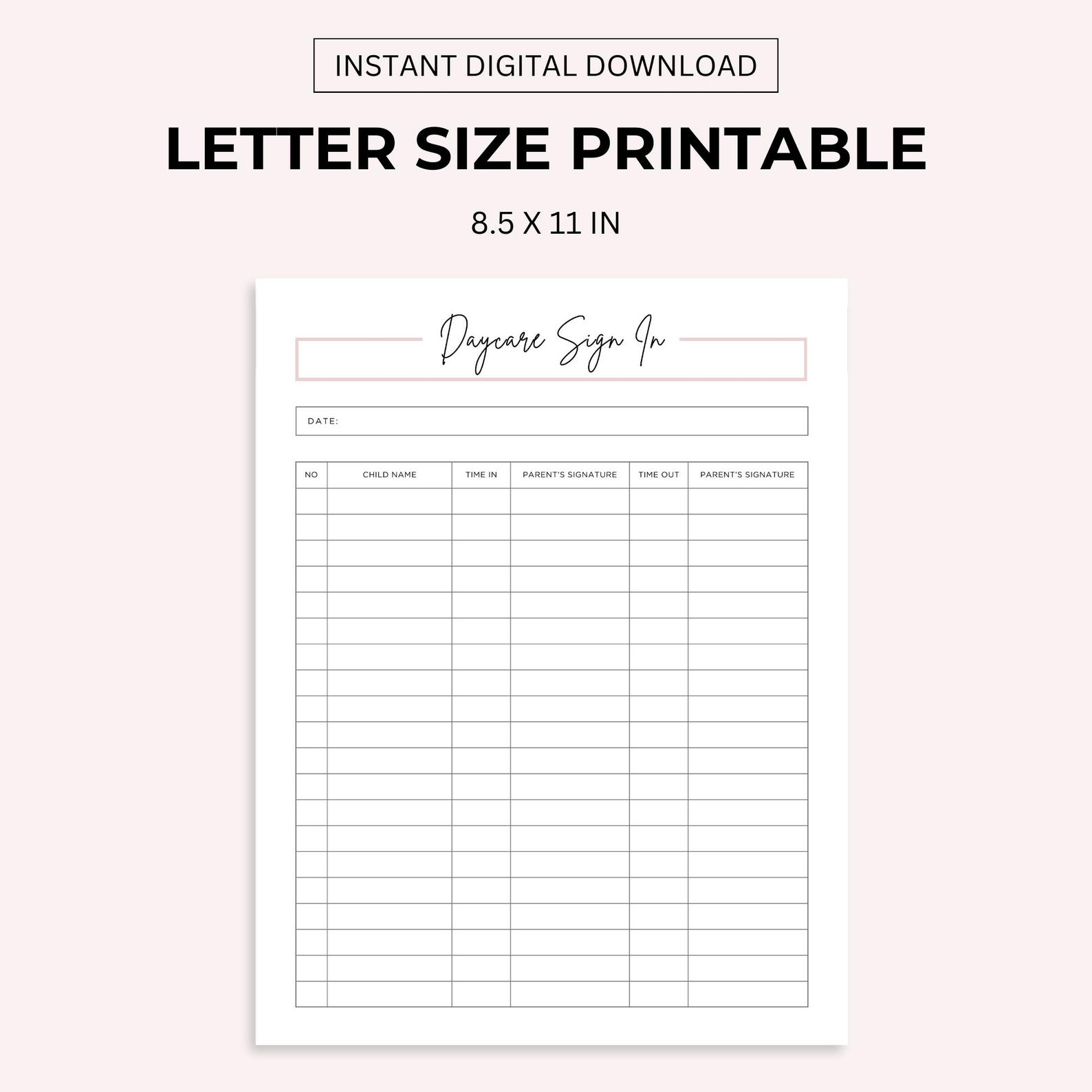 Day Care Sign in Sheet Printable, Sign Out Sheet, Preschool, Summer ...