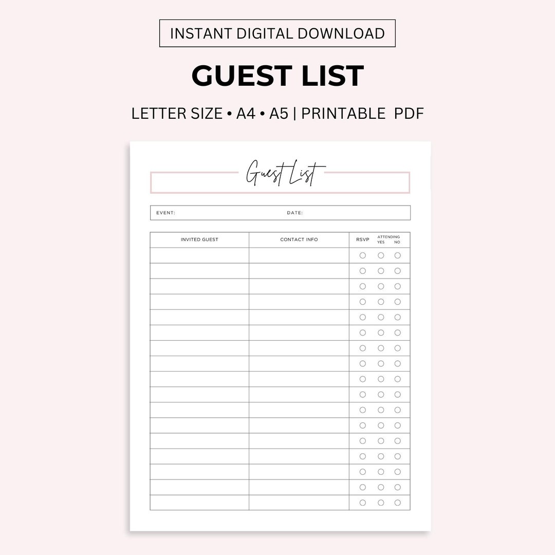 Wedding Guest List Template: RSVP Tracker (printable PDF) - Etsy
