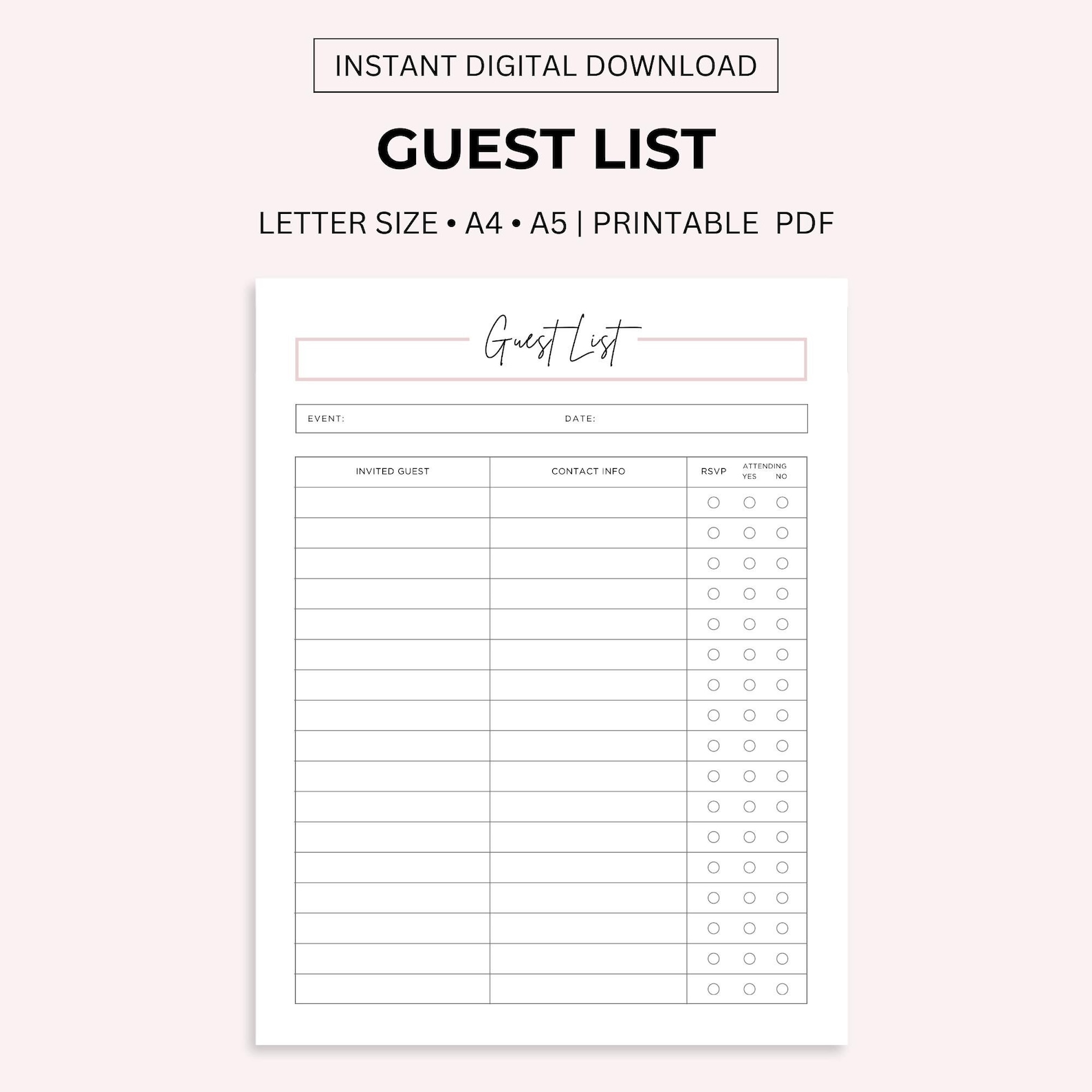 Wedding Guest List Template: RSVP Tracker (printable PDF) - Etsy