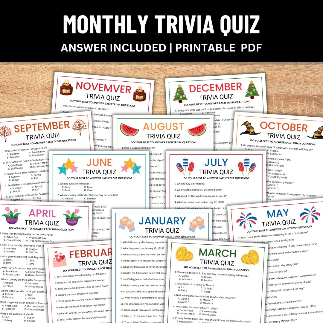 Monthly Quiz, Monthly Trivia (printable PDF) - Etsy