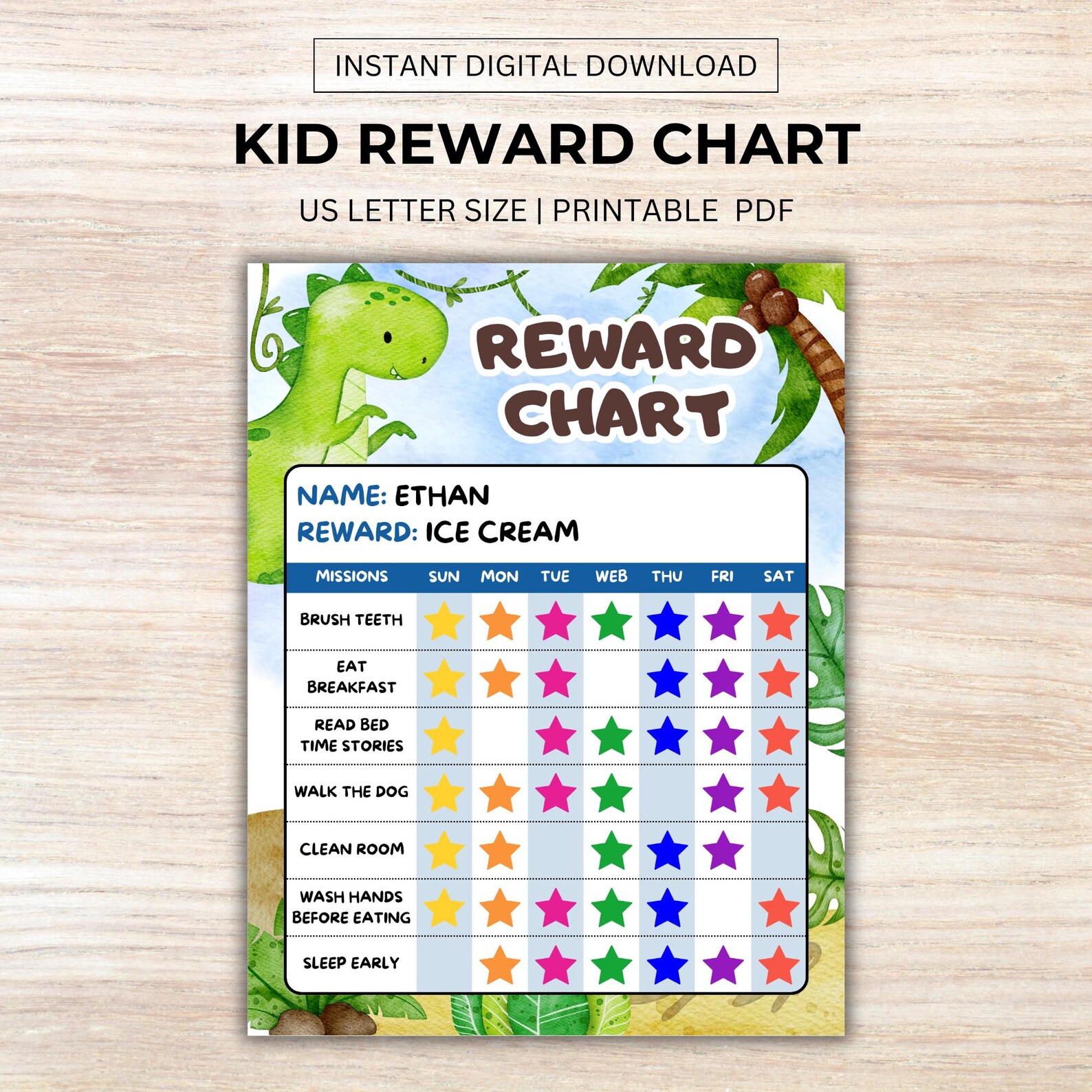 Dinosaur Reward Chart for Kids Printable, Toddler Goal Chart, Routine ...