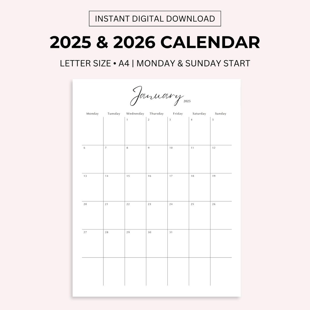 12 Months Calendar, 2025 Calendar, Monthly Planner, Sunday & Monday ...