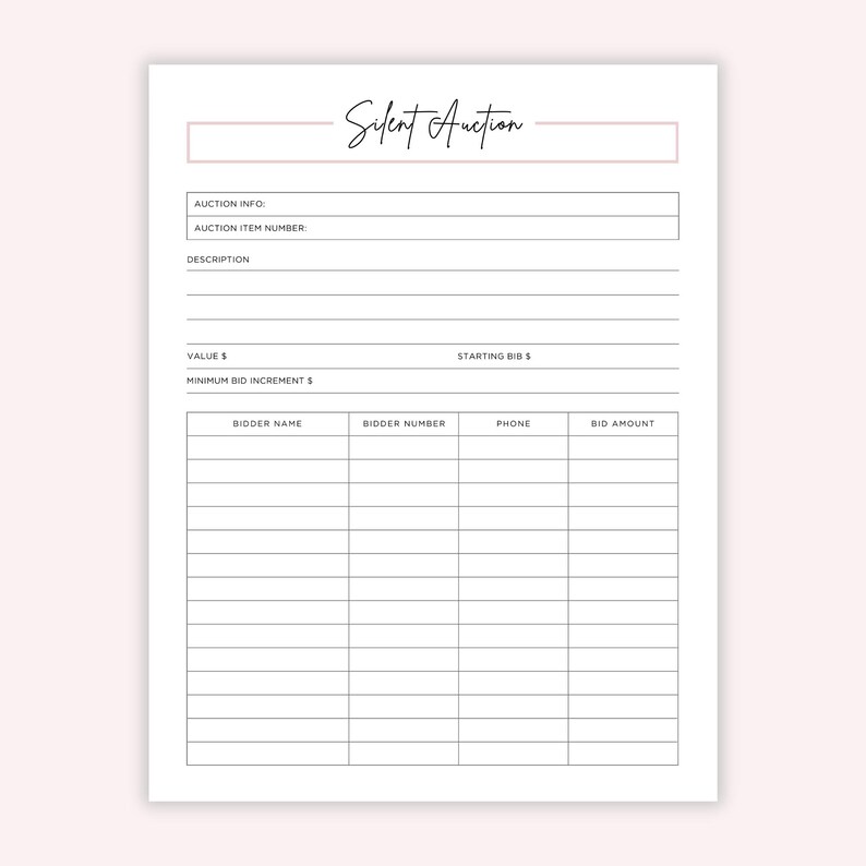 Silent Auction Bid Sheet Printable: Fundraiser Sign up (PDF) - Etsy