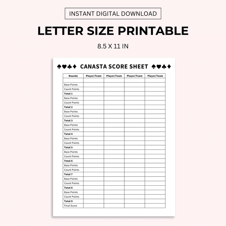 Canasta Score Sheet: Printable Scorecard (letter/a4/a5 PDF) - Etsy