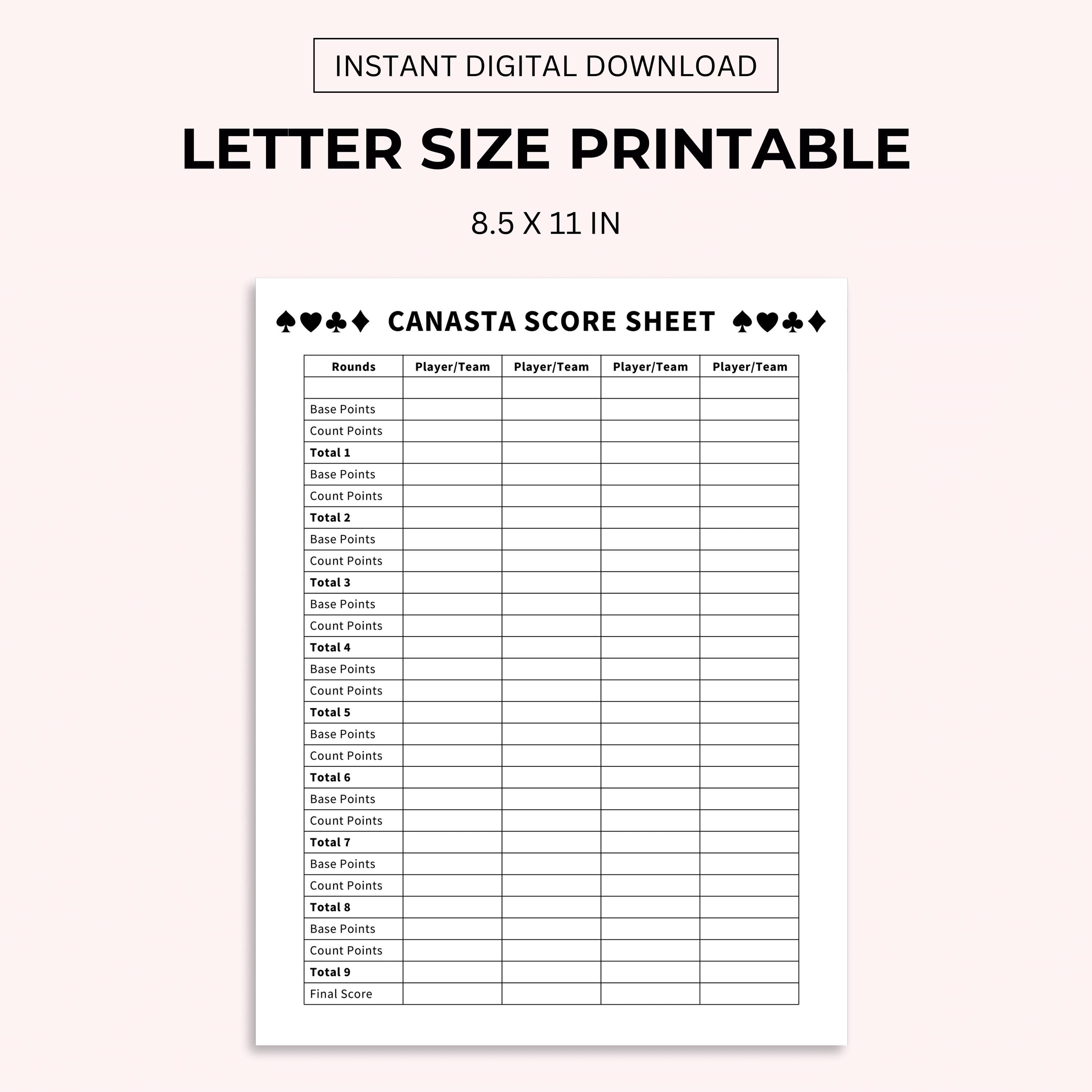 Canasta Score Sheet: Printable Scorecard (letter/a4/a5 PDF) - Etsy