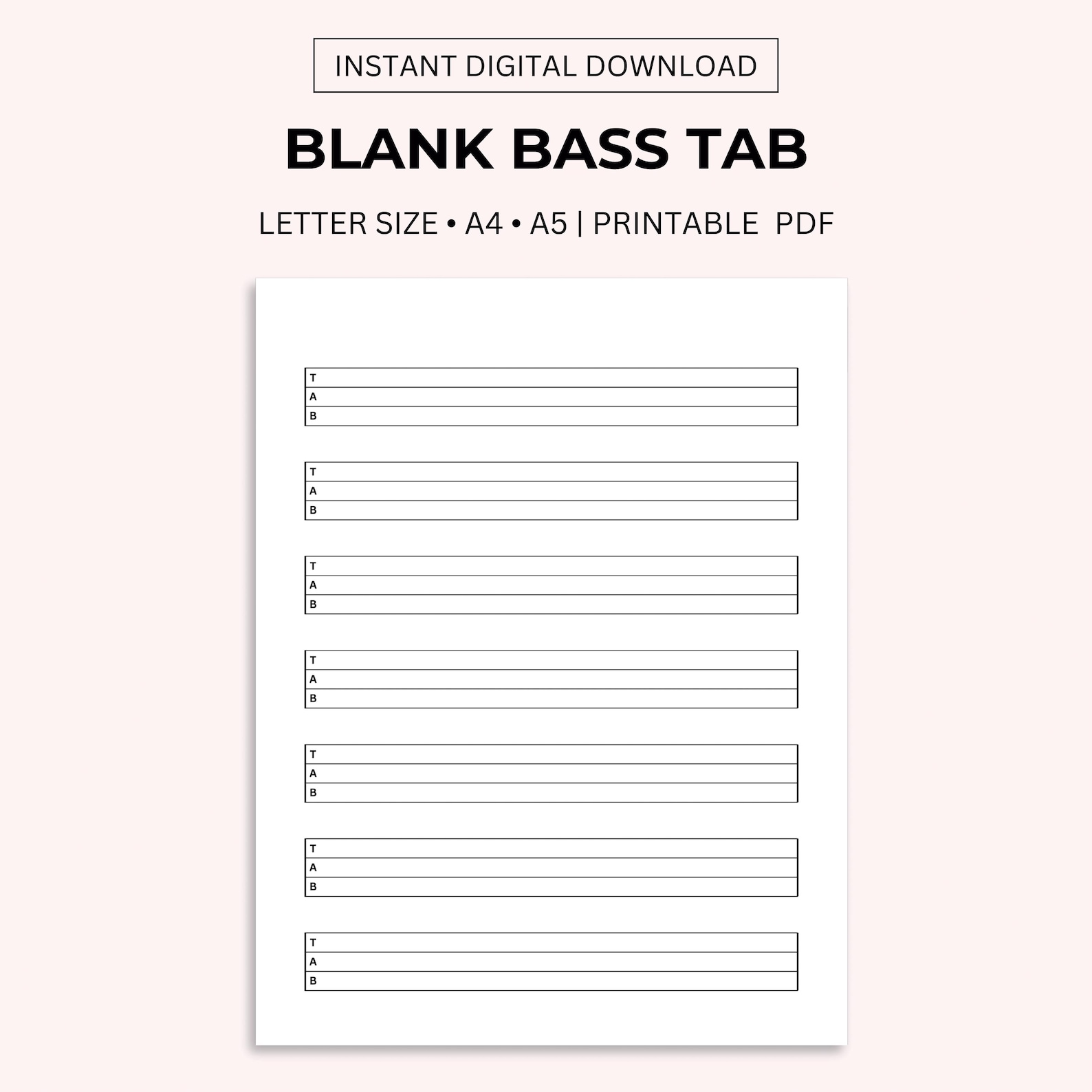 Printable Blank Bass Tabs Paper, Music Template, Blank Bass Tabs Sheet ...