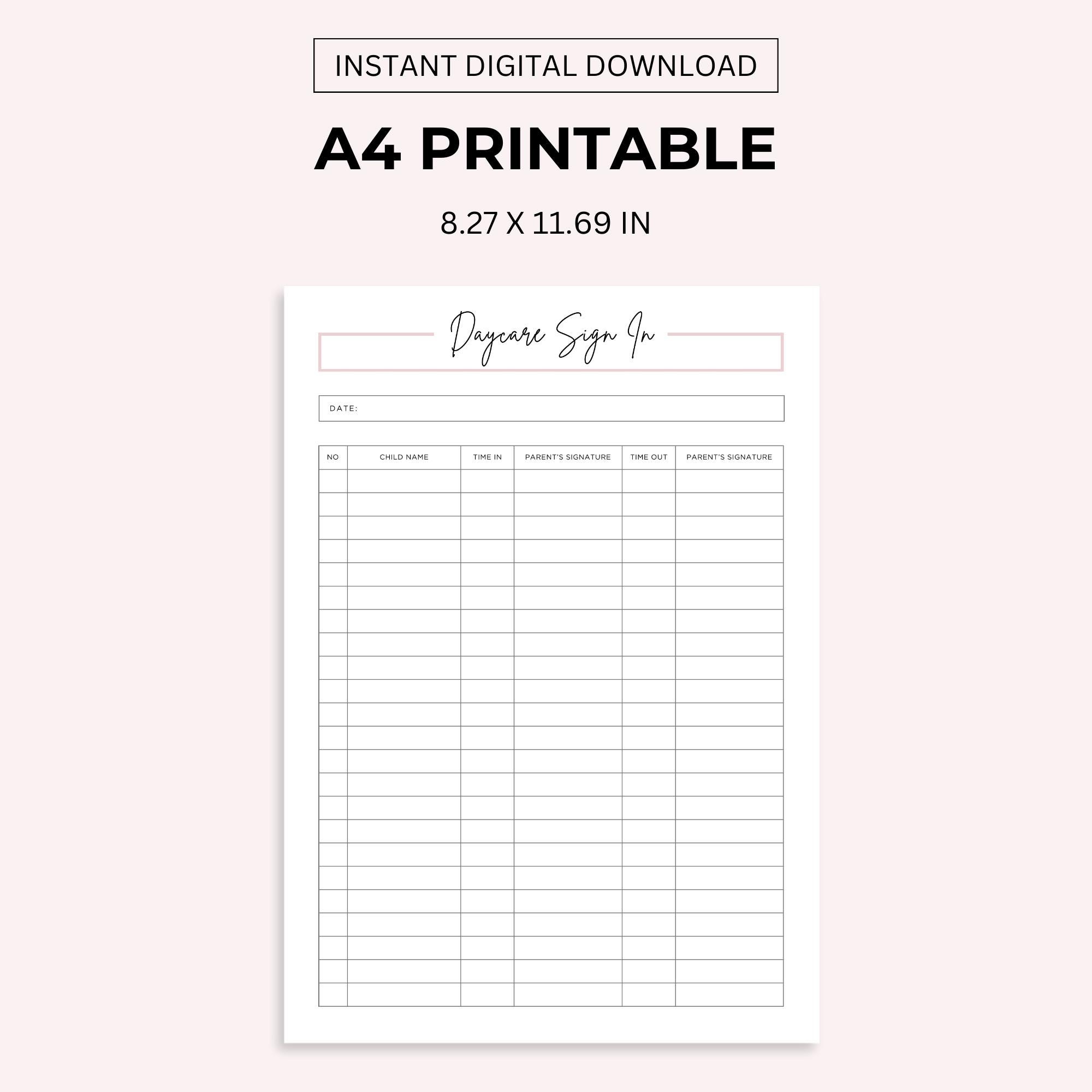 Day Care Sign in Sheet Printable, Sign Out Sheet, Preschool, Summer ...