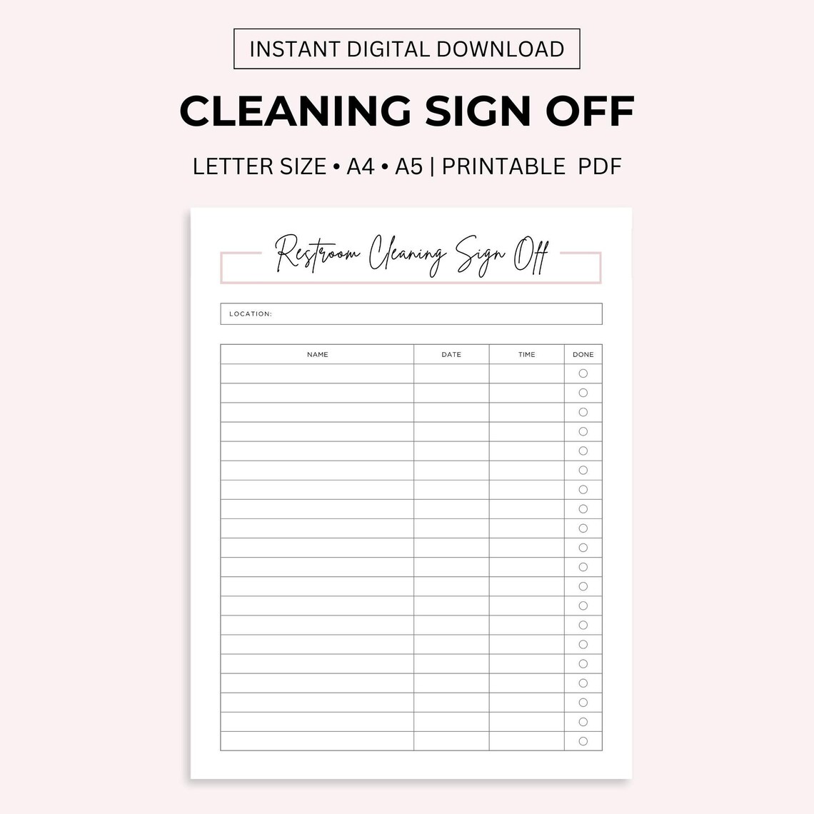 Restroom Cleaning Log Printable, Cleaning Checklist for Businesses ...