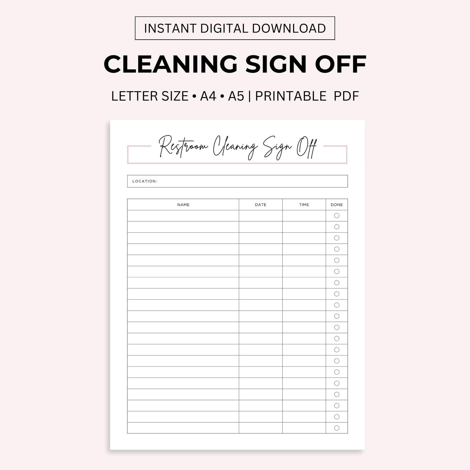 Restroom Cleaning Log Printable, Cleaning Checklist for Businesses ...
