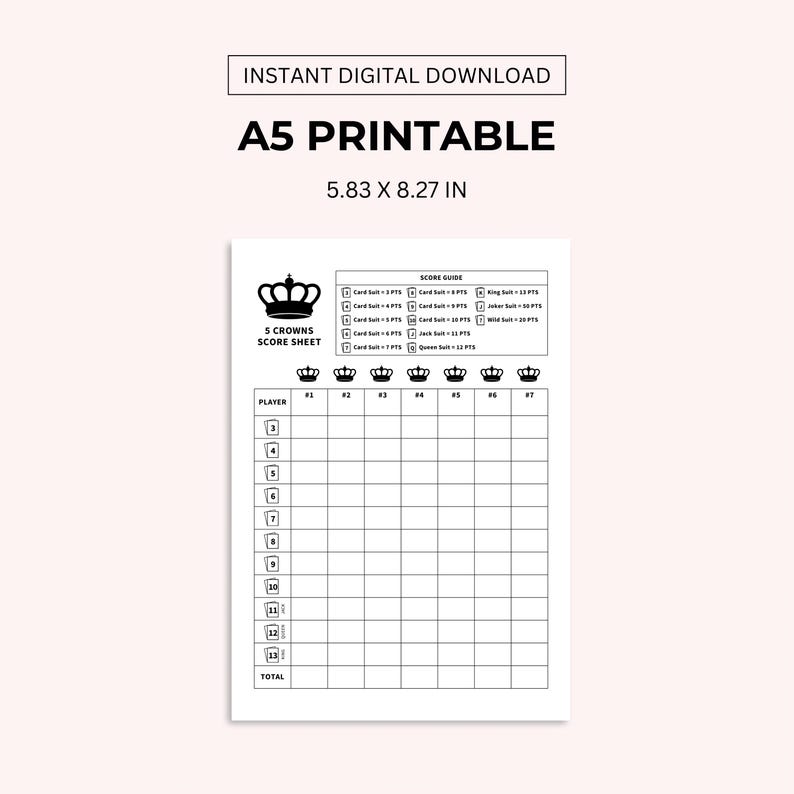 5 Crowns Score Sheet, 3 to 13 Score Sheet, Printable 5 Crowns Score ...