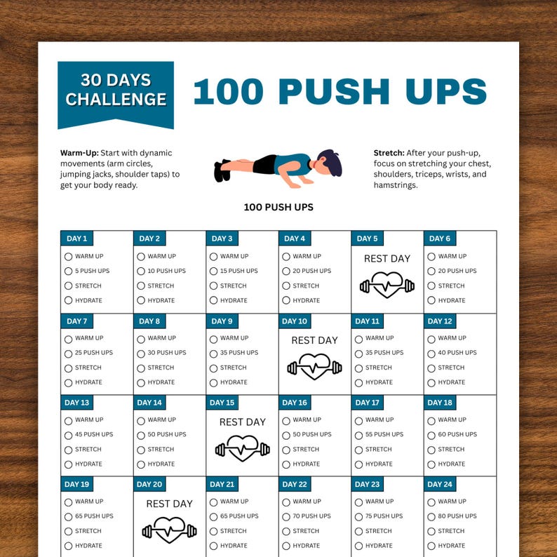 100 Push Ups 30 Days Challenge, Fitness Challenge, Exercise Planner ...