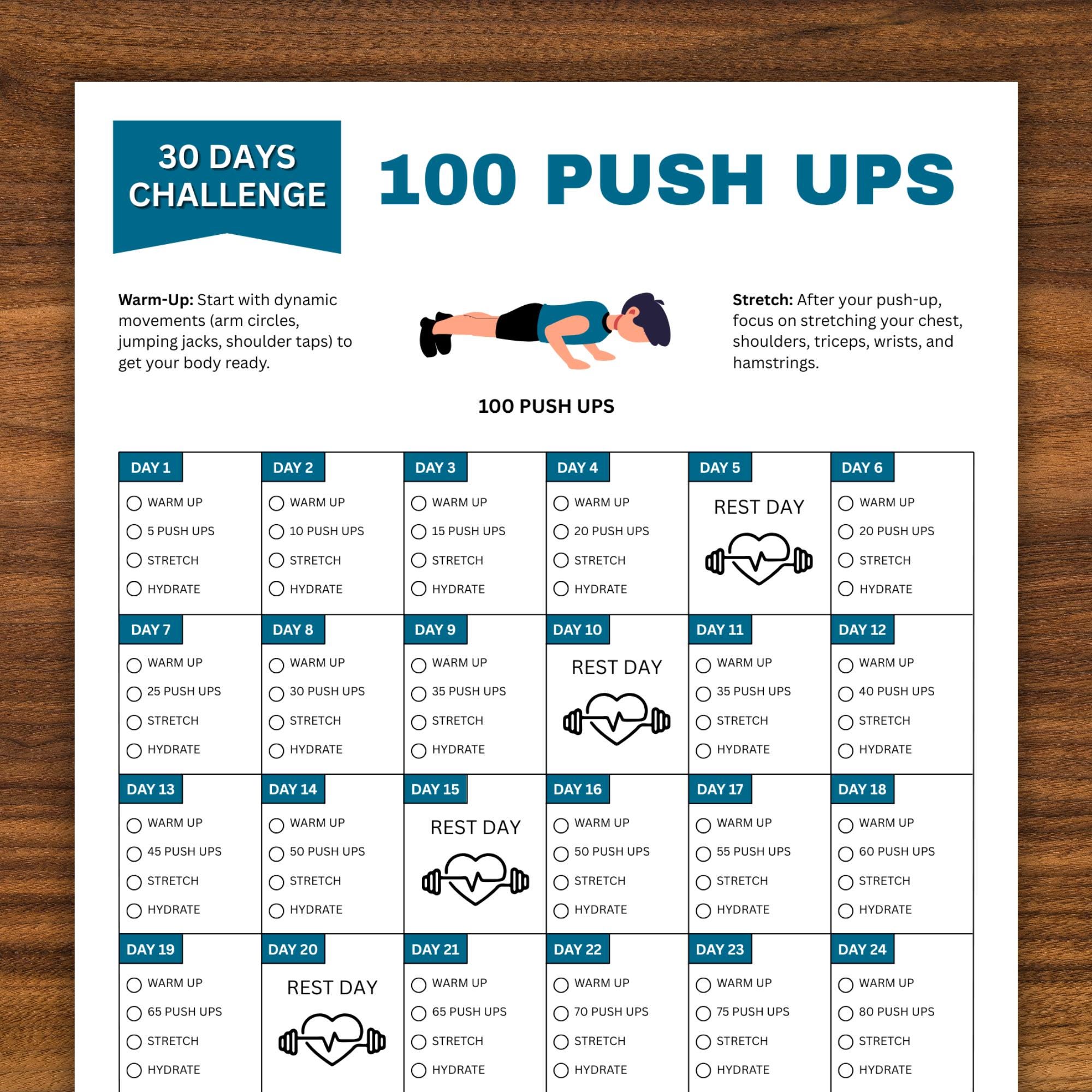 100 Push Ups 30 Days Challenge, Fitness Challenge, Exercise Planner Printable, Workout Tracker ...