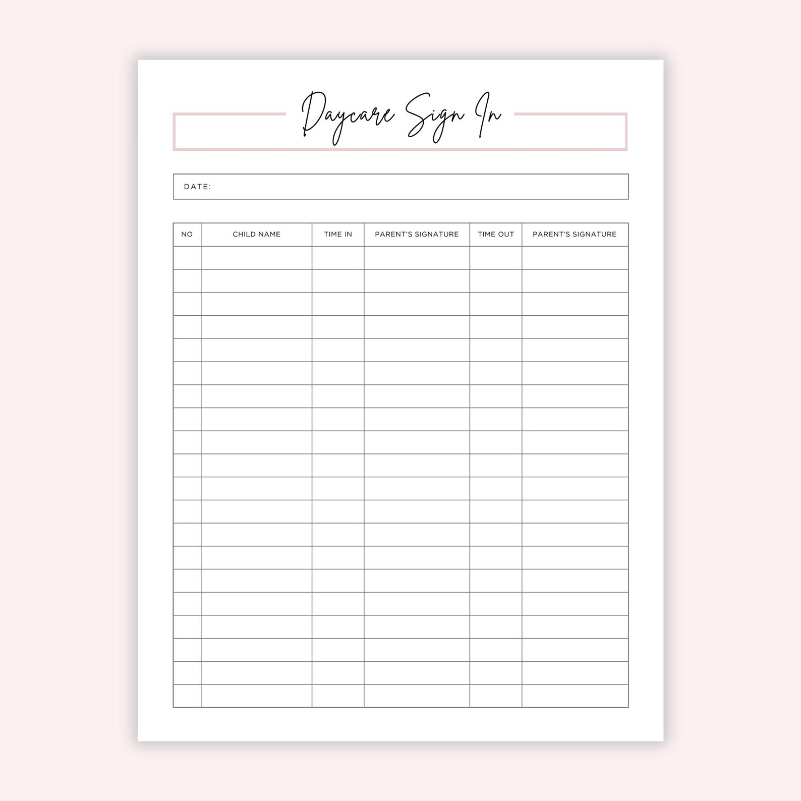 Day Care Sign in Sheet Printable, Sign Out Sheet, Preschool, Summer ...