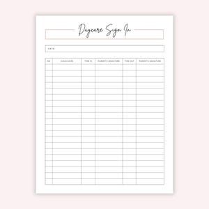 Day Care Sign in Sheet Printable, Sign Out Sheet, Preschool, Summer ...