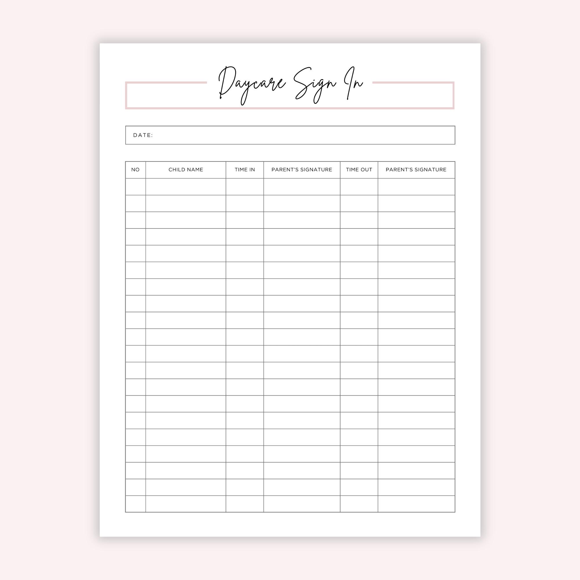 Day Care Sign in Sheet Printable, Sign Out Sheet, Preschool, Summer ...