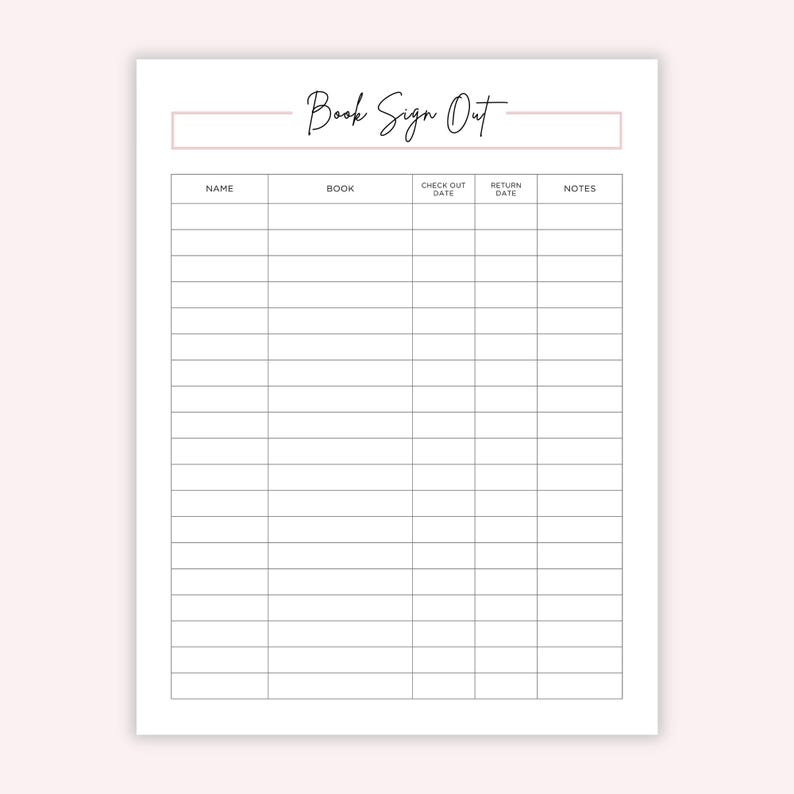 Library Book Sign Out Sheet Printable, Book Sign Out Form, Book Borrow ...