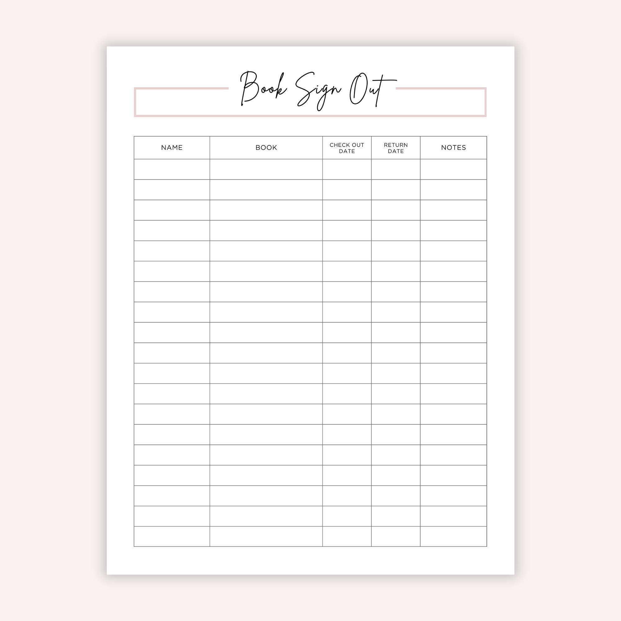 Library Book Sign Out Sheet Printable, Book Sign Out Form, Book Borrow ...