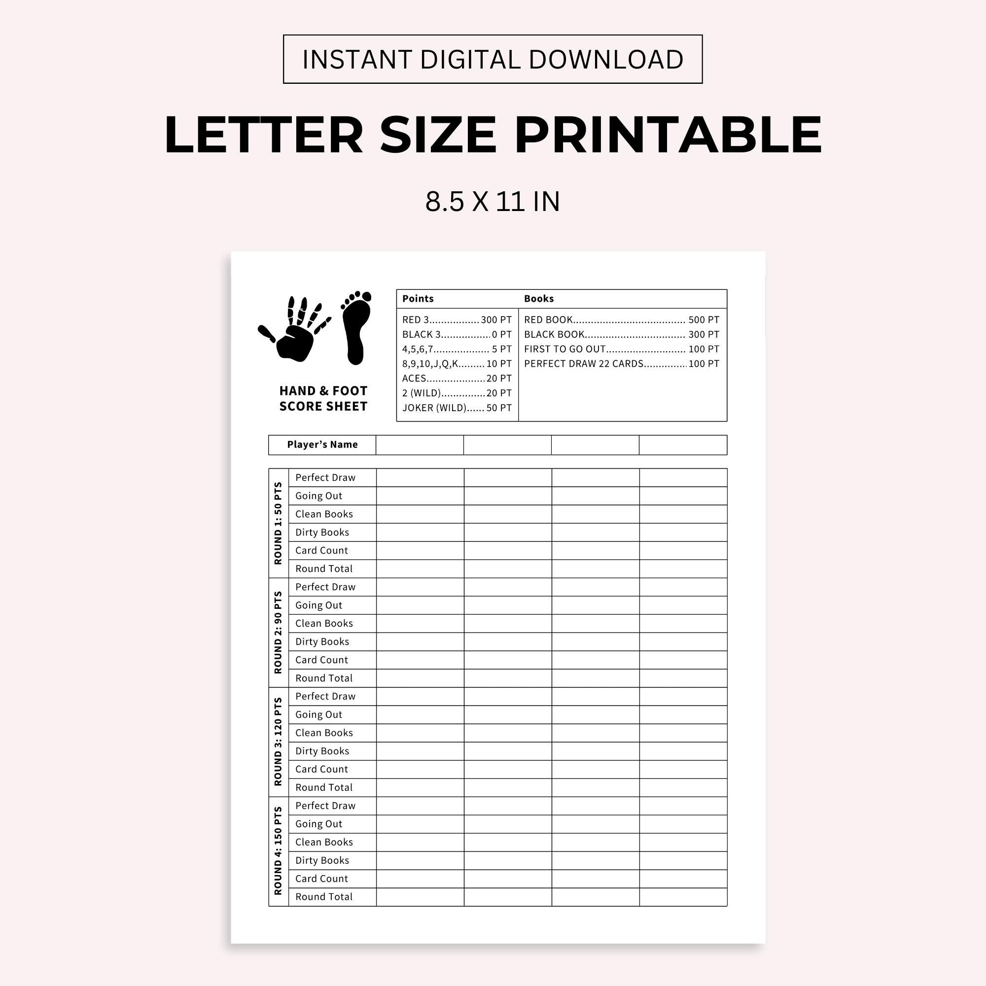 Hand and Foot Score Card: Family Game Score Sheets (PDF) - Etsy