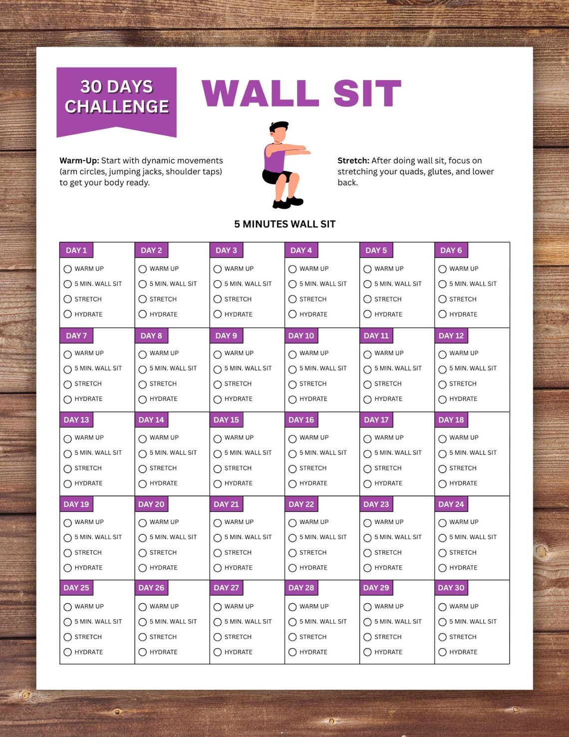 5 Minutes Wall Sit 30 Days Challenge, Fitness Challenge, Exercise ...