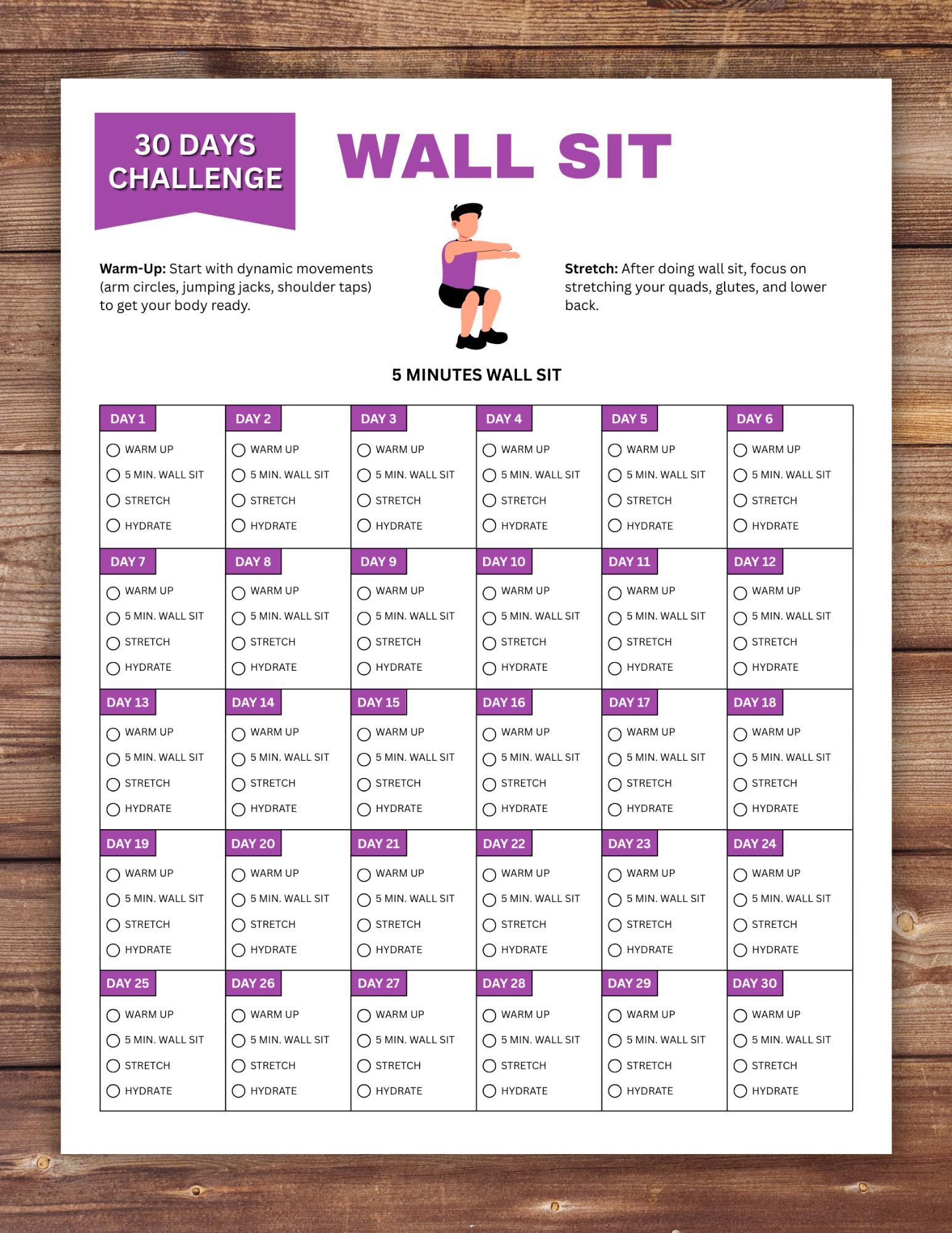 5 Minutes Wall Sit 30 Days Challenge, Fitness Challenge, Exercise ...
