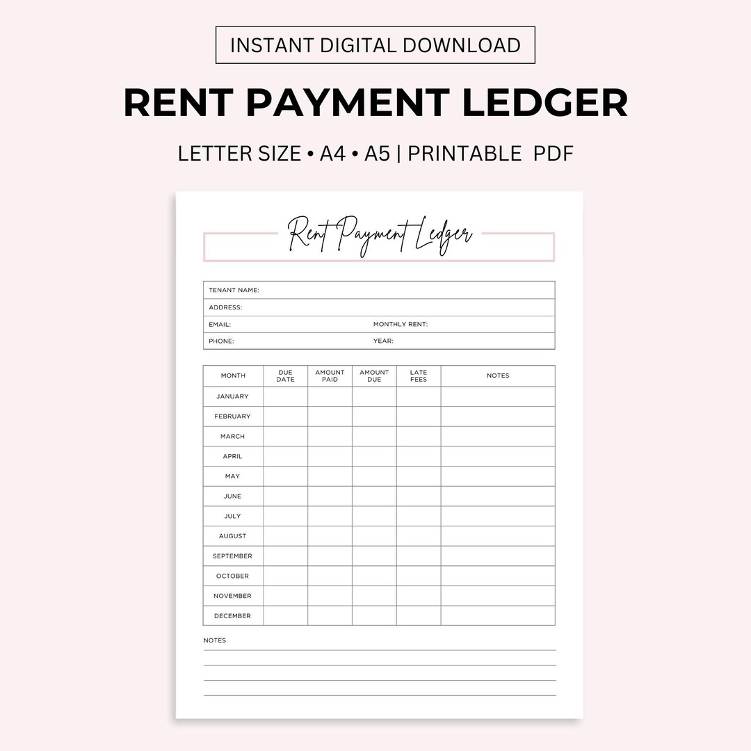 Rent Payment Ledger Printable, Monthly Rent Tracker, Rental Agreement ...