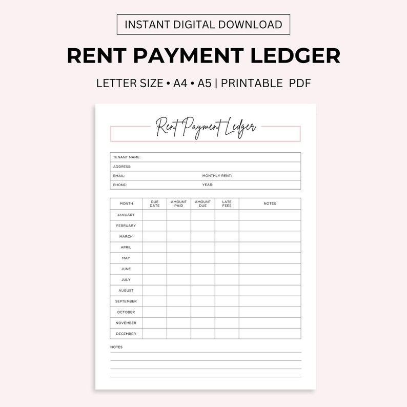 Rent Payment Ledger Printable, Monthly Rent Tracker, Rental Agreement ...