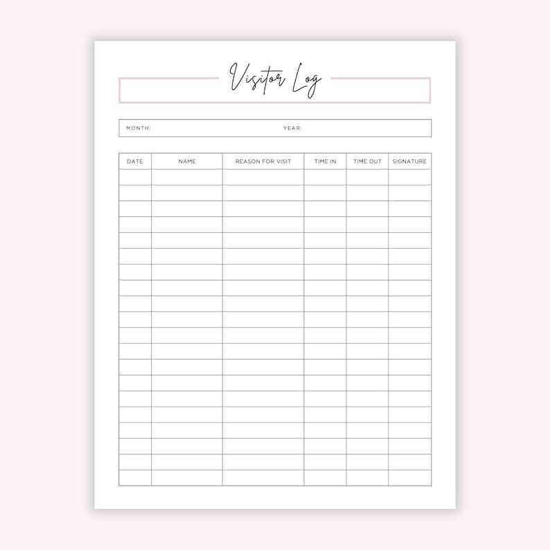 Visitor Log Printable: Sign In/out Sheet (letter/a4/a5 PDF) - Etsy