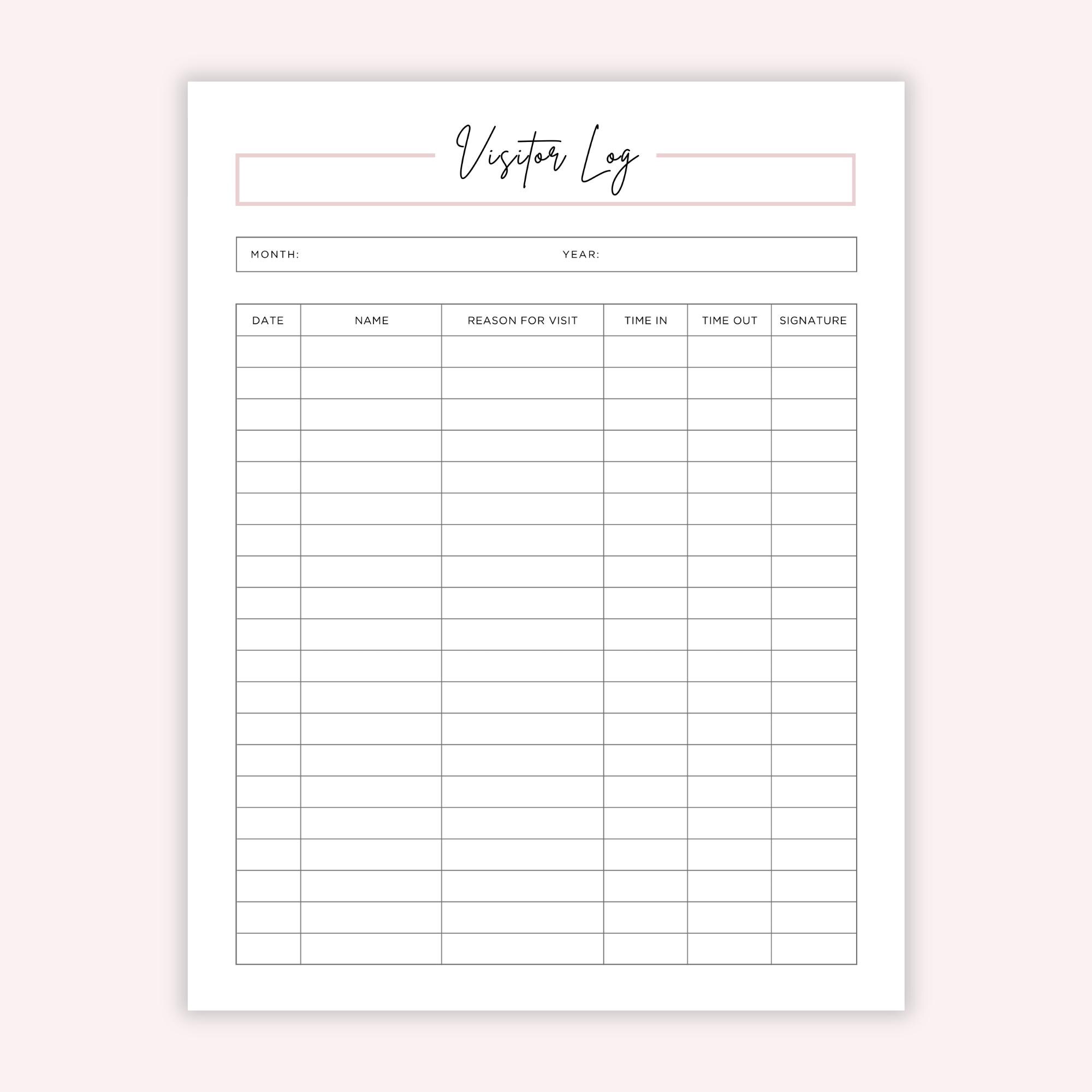 Visitor Log Printable: Sign In/out Sheet (letter/a4/a5 PDF) - Etsy