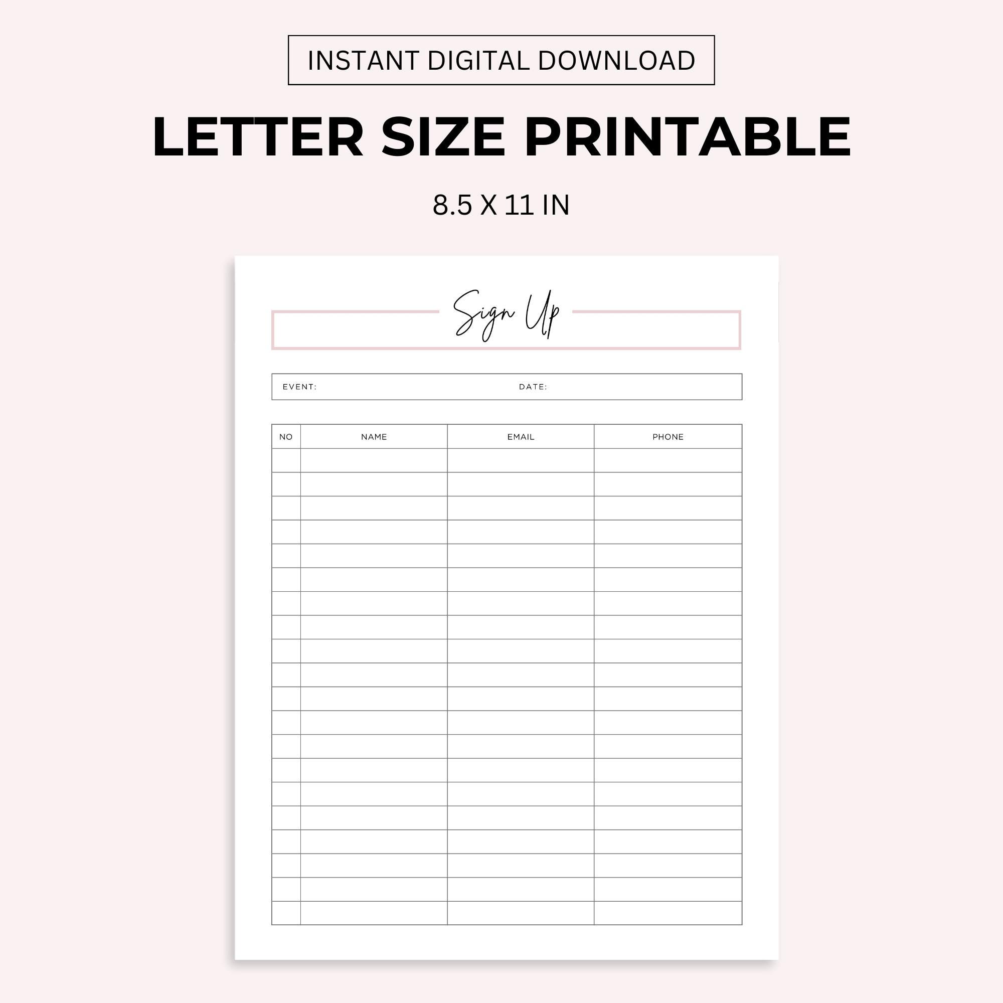 Event Sign up Sheet Printable: A4/a5/letter Size (PDF) - Etsy