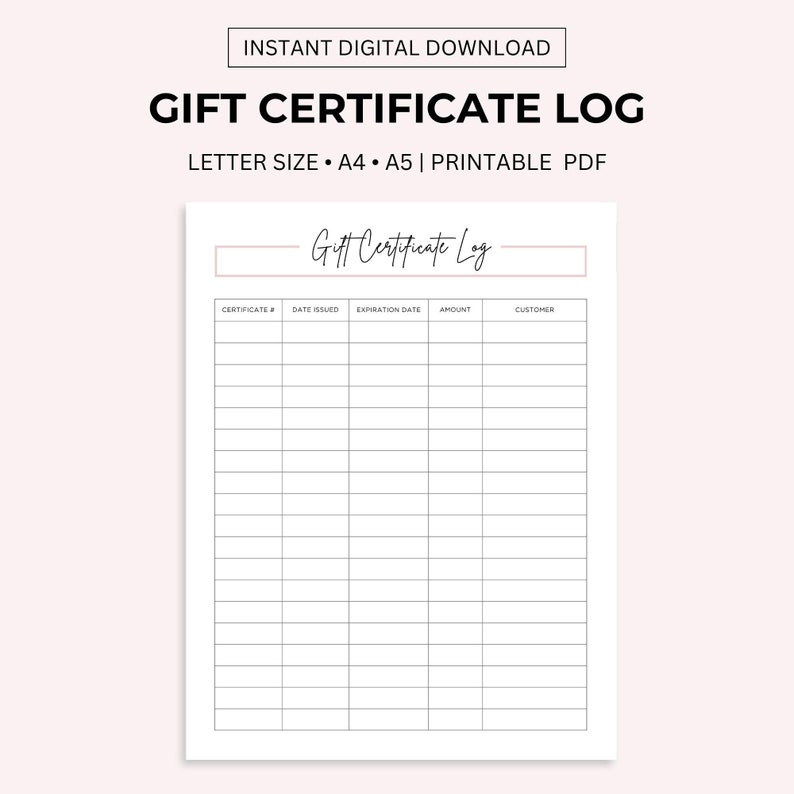 Gift Certificate Log Printable, Customer Contact Form, Client Contact ...