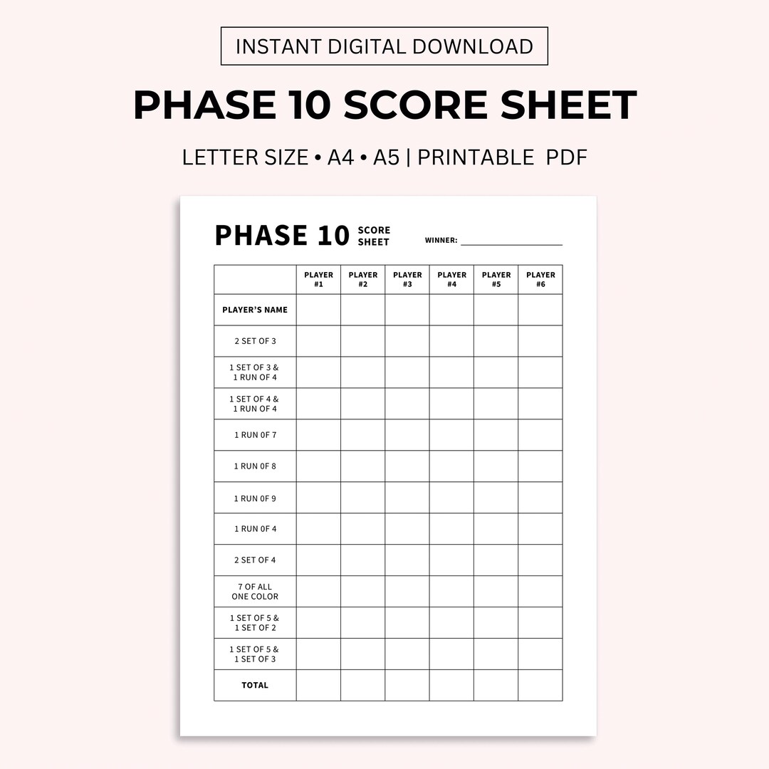 Phase 10 Card Score Sheet, Phase 10 Card Game Record Keeper Sheet ...