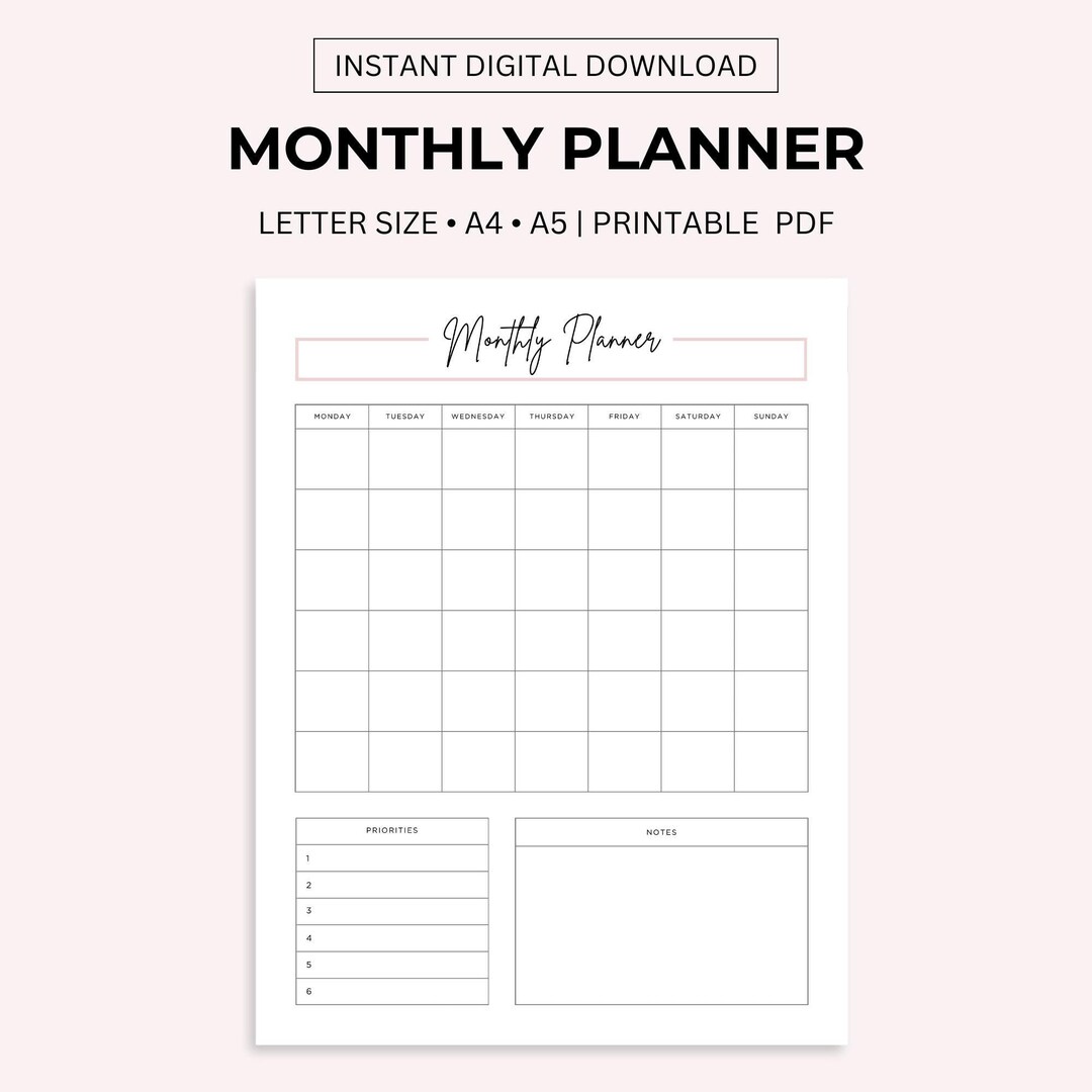 Monthly Planner Printable, to Do List, Month at a Glance, Monthly ...