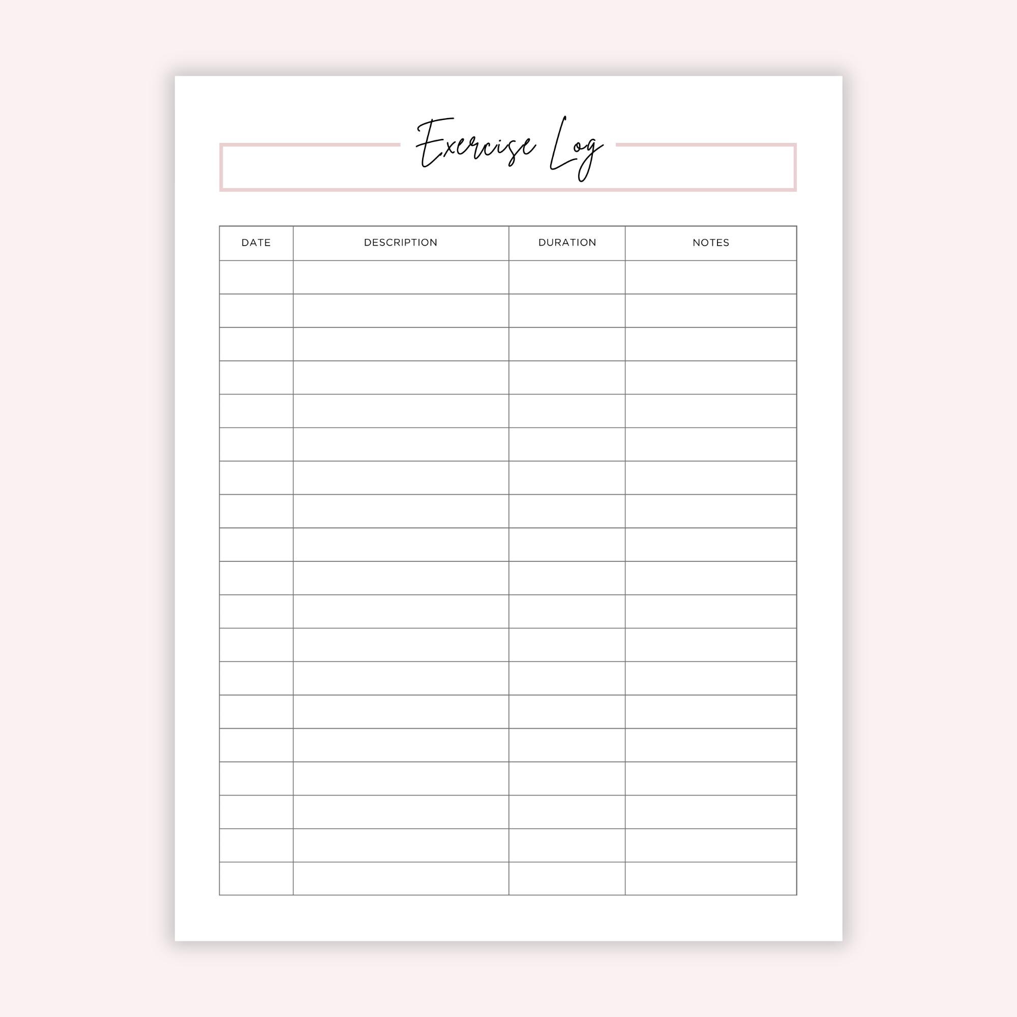 Exercise Log Printable, Gym Diary and Workout Log Book, Fitness Tracker ...