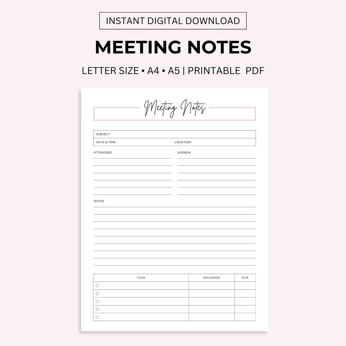 Meeting Notes Printable, Meeting Minutes Template, Business Note Taking ...