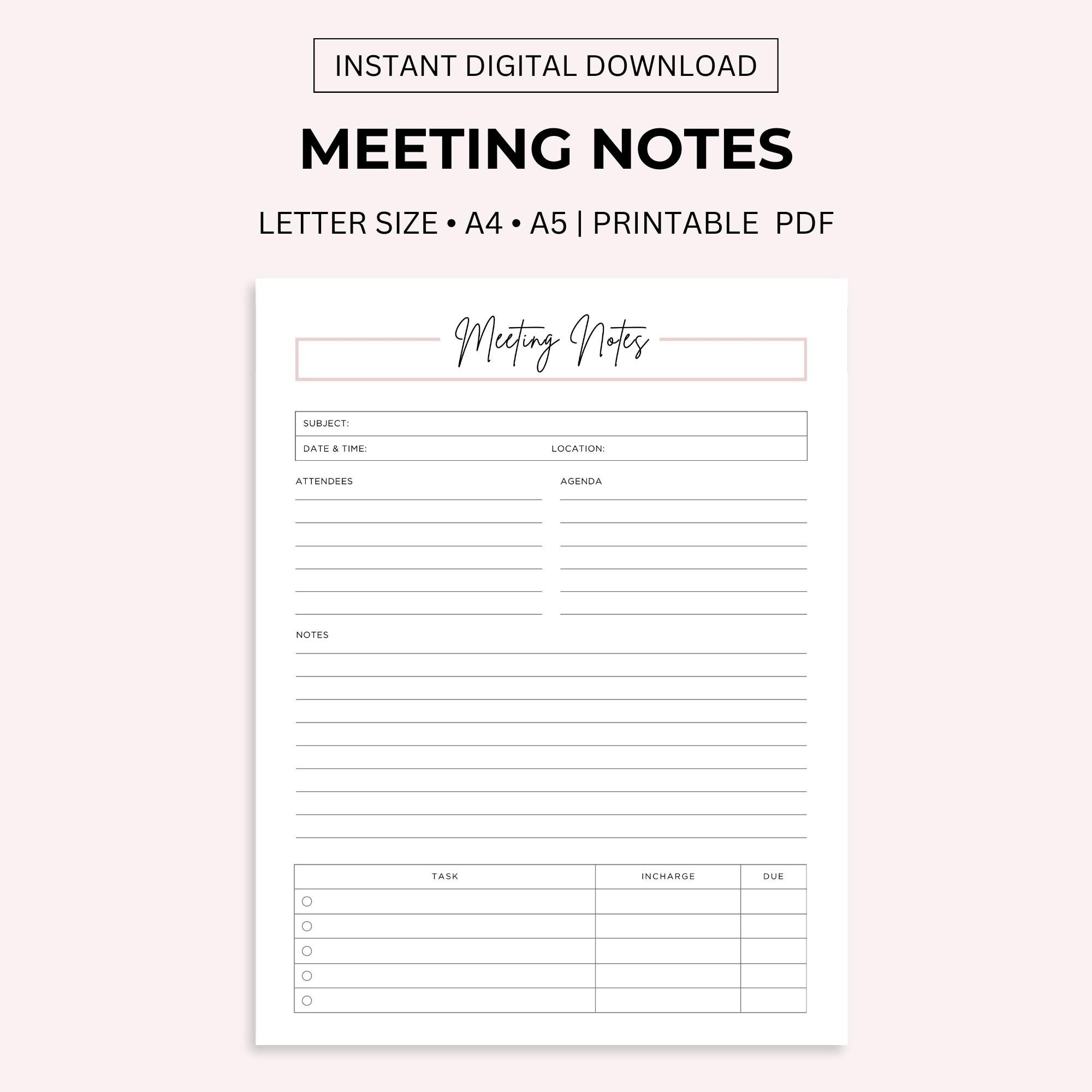 Meeting Notes Printable, Meeting Minutes Template, Business Note Taking ...