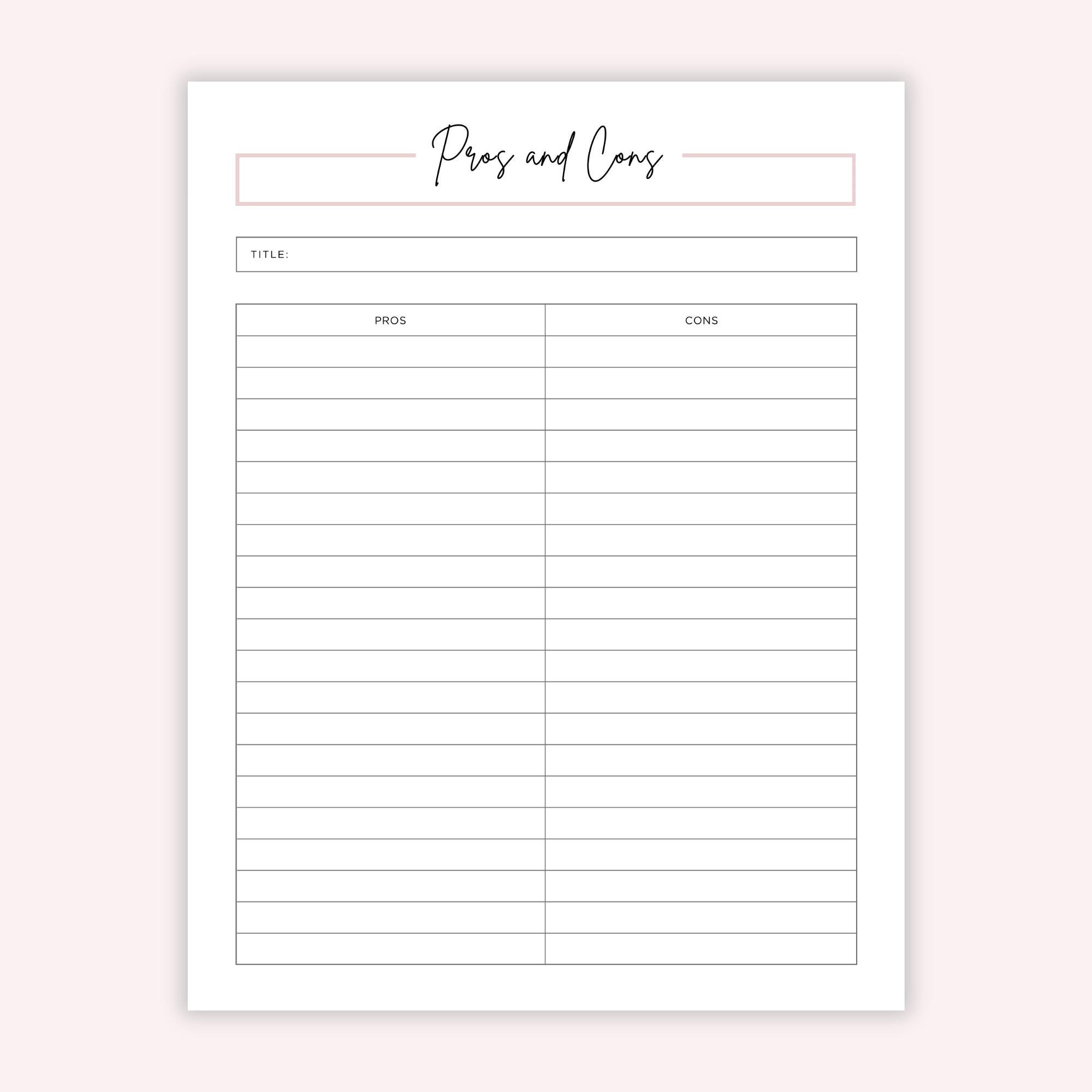 Pros and Cons List Printable, Planner Pages, Life Organizer - Etsy