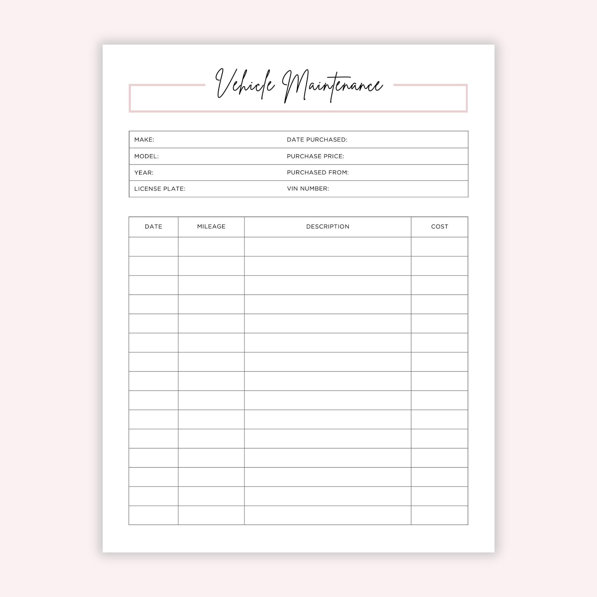 Vehicle Maintenance Log Printable: Repair Checklist (PDF) - Etsy