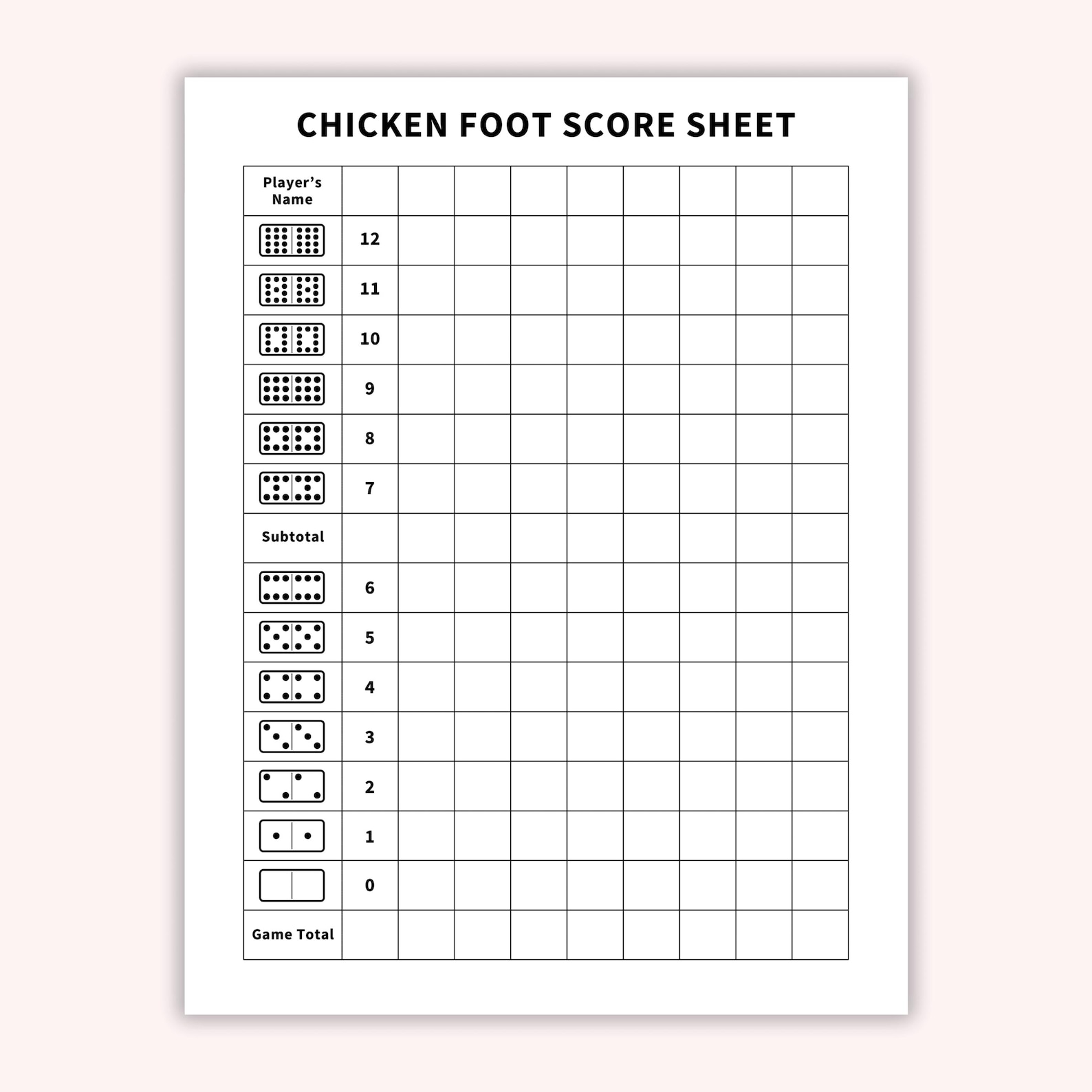 Chicken Foot Dominoes Score Sheet: Printable Game Night (PDF) - Etsy