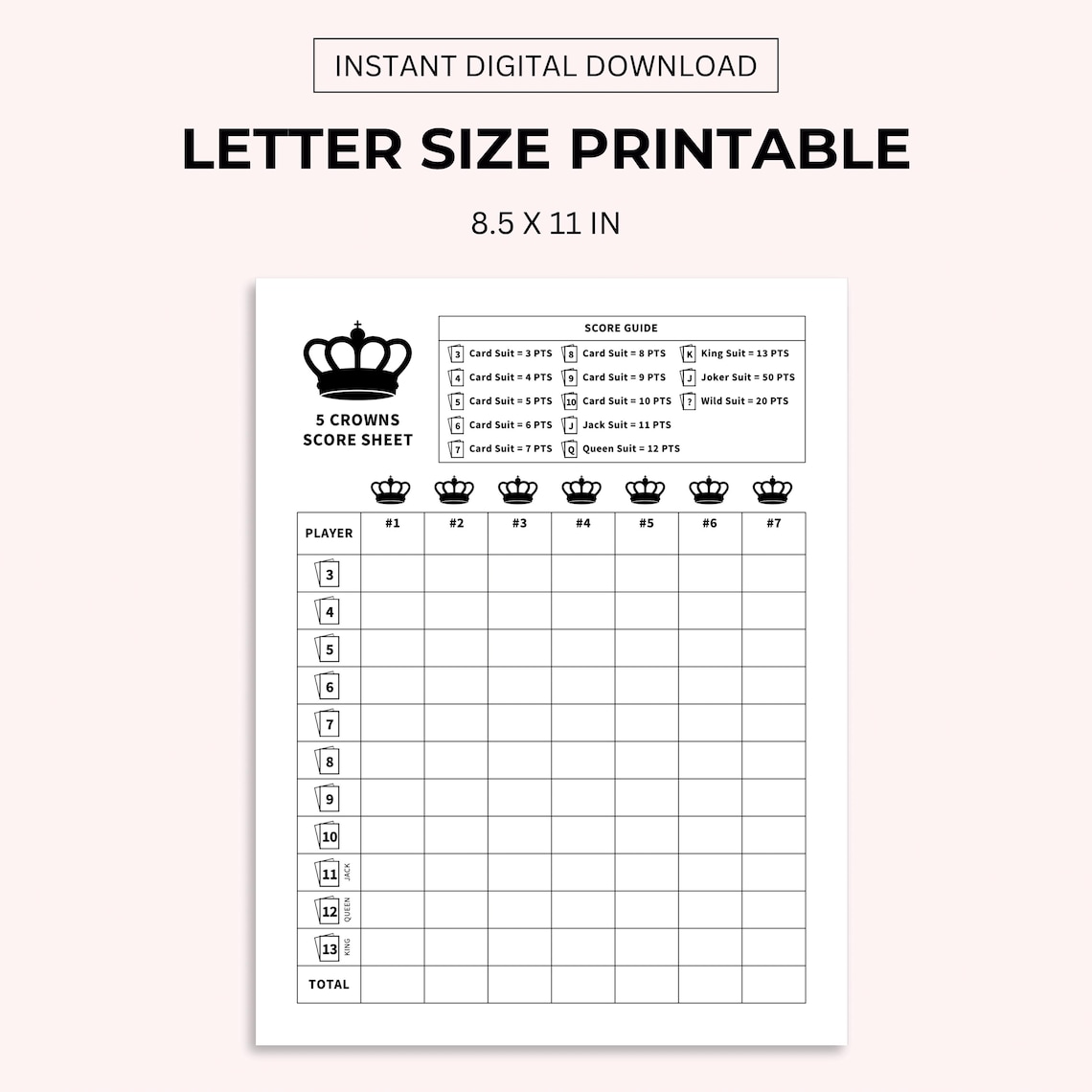 5 Crowns Score Sheet, 3 to 13 Score Sheet, Printable 5 Crowns Score ...