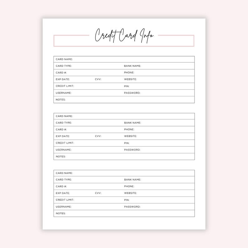 Credit Card Information Tracker Printable (PDF) - Etsy