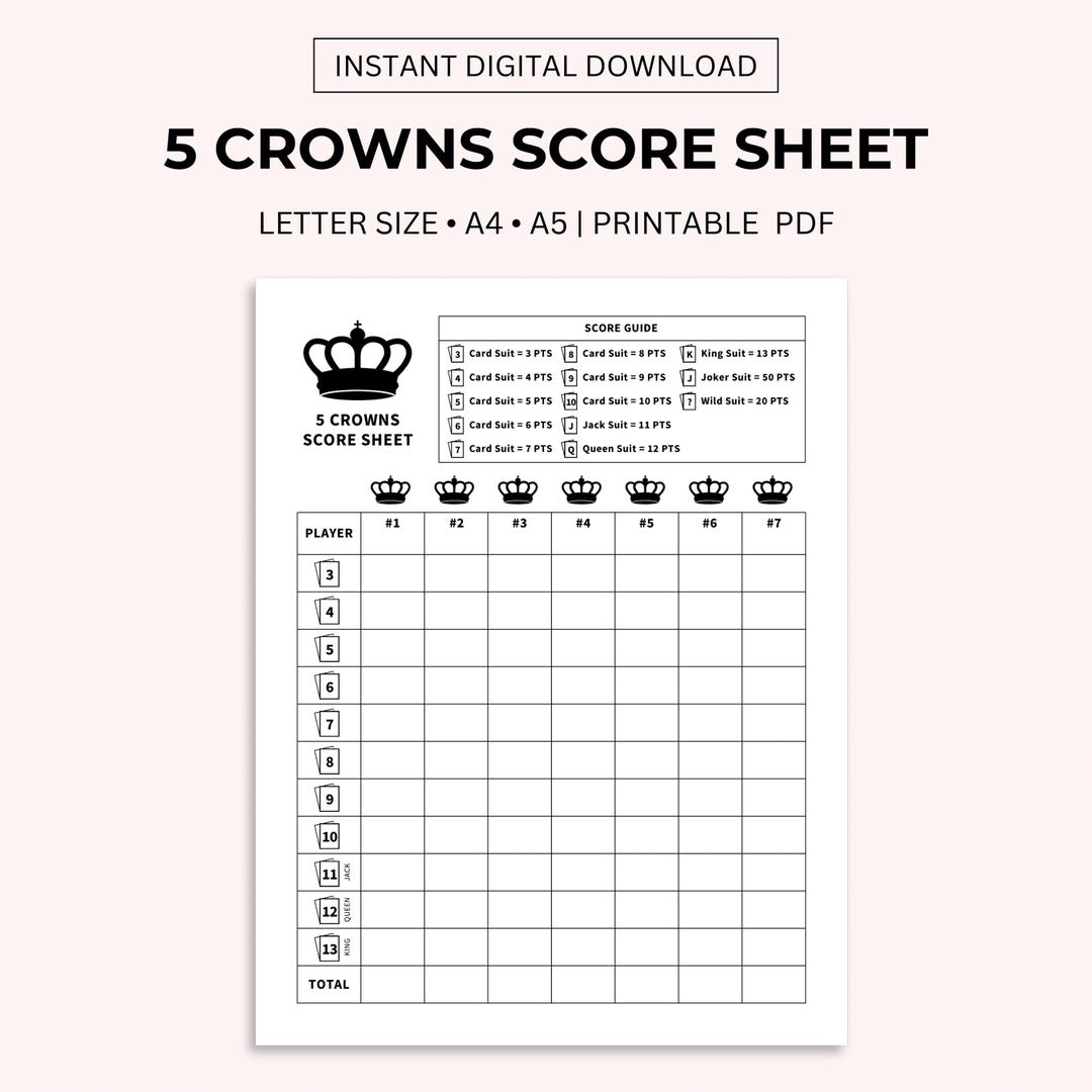 5 Crowns Score Sheet, 3 to 13 Score Sheet, Printable 5 Crowns Score ...
