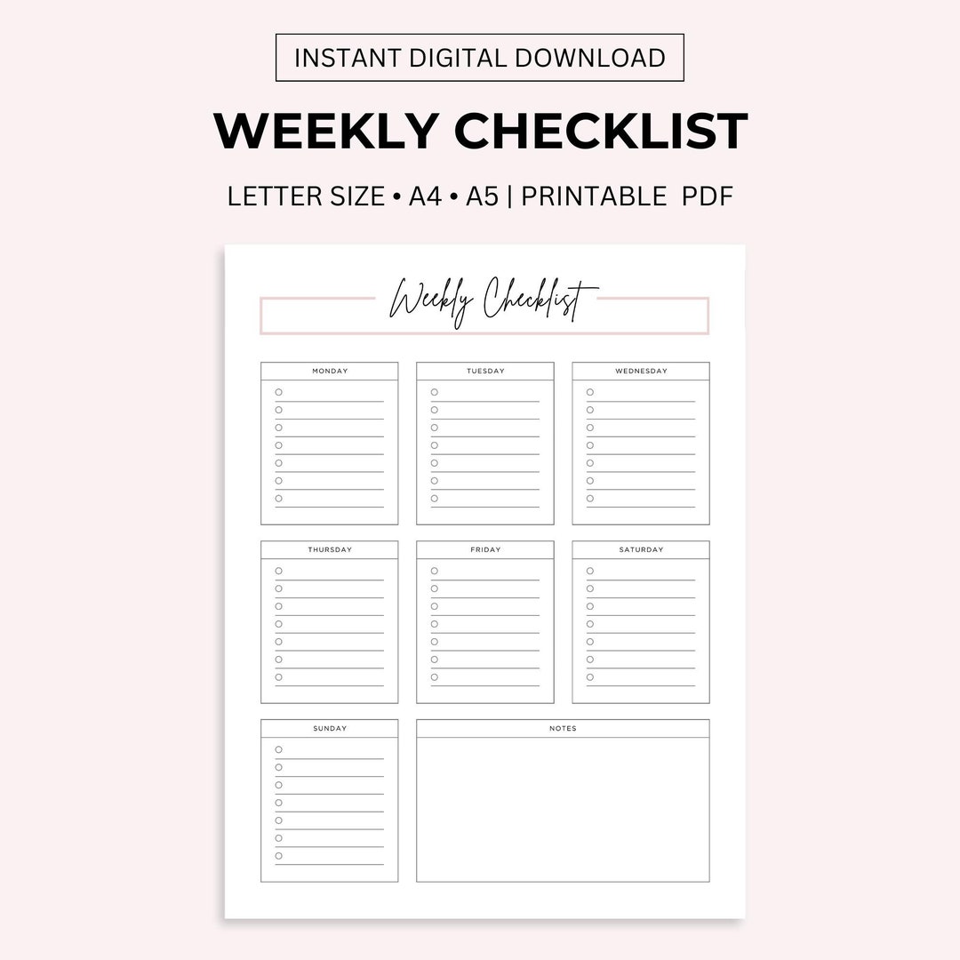 Weekly Checklist Printable, Shopping List, Daily Planner, Weekly To-do ...